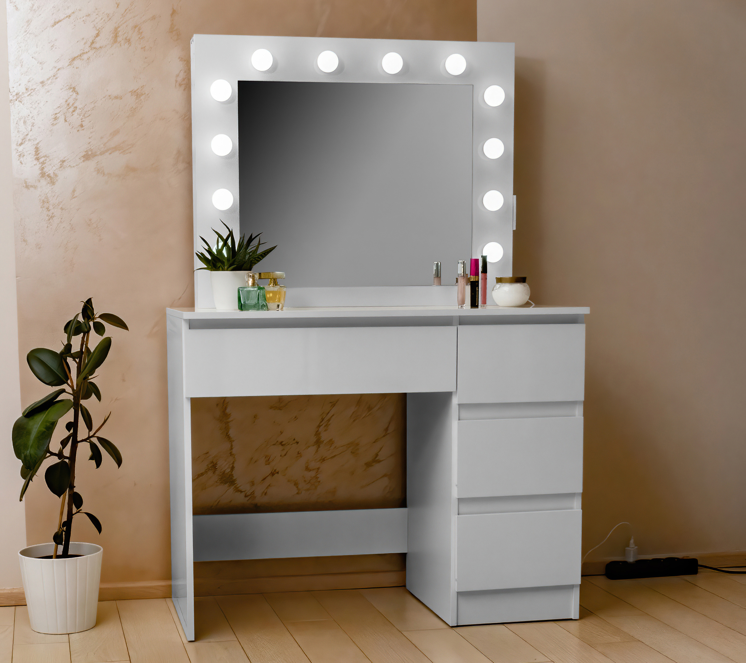 Aga Toaletný stolík so zrkadlom, osvetlením a el.zástrčkou Lesklý biely - Svet trampolín