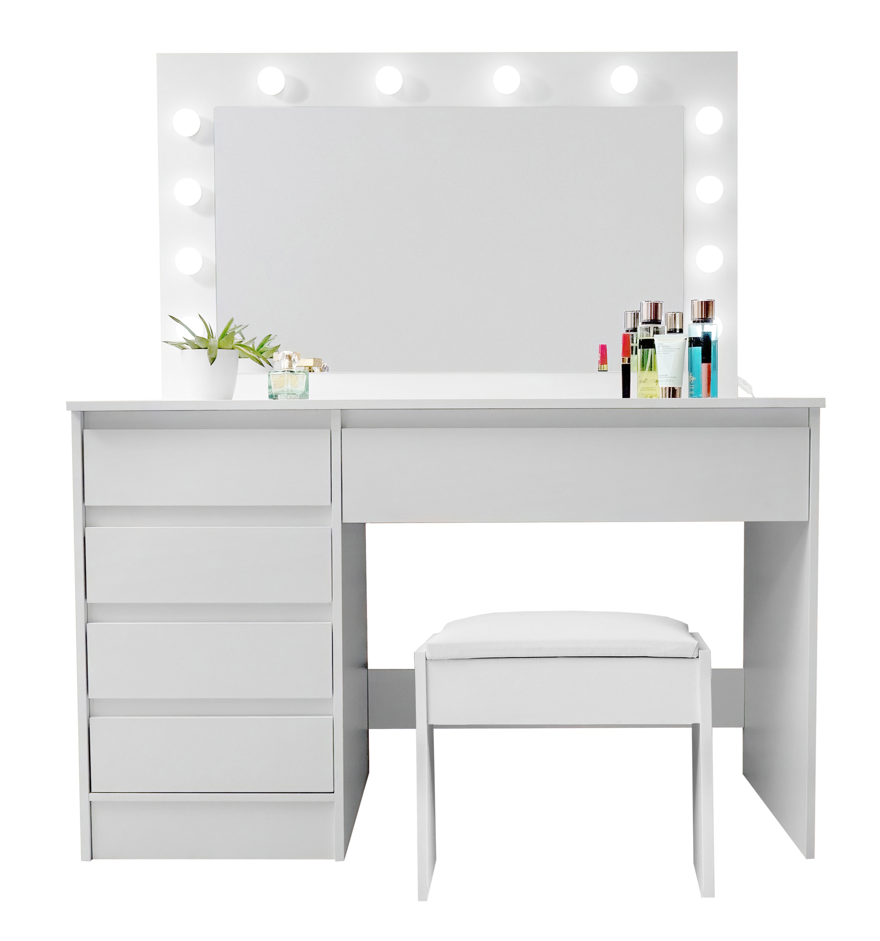 Aga Toaletní stolek se zrcadlem a osvětlením + taburet Matný bílý - Svět trampolín